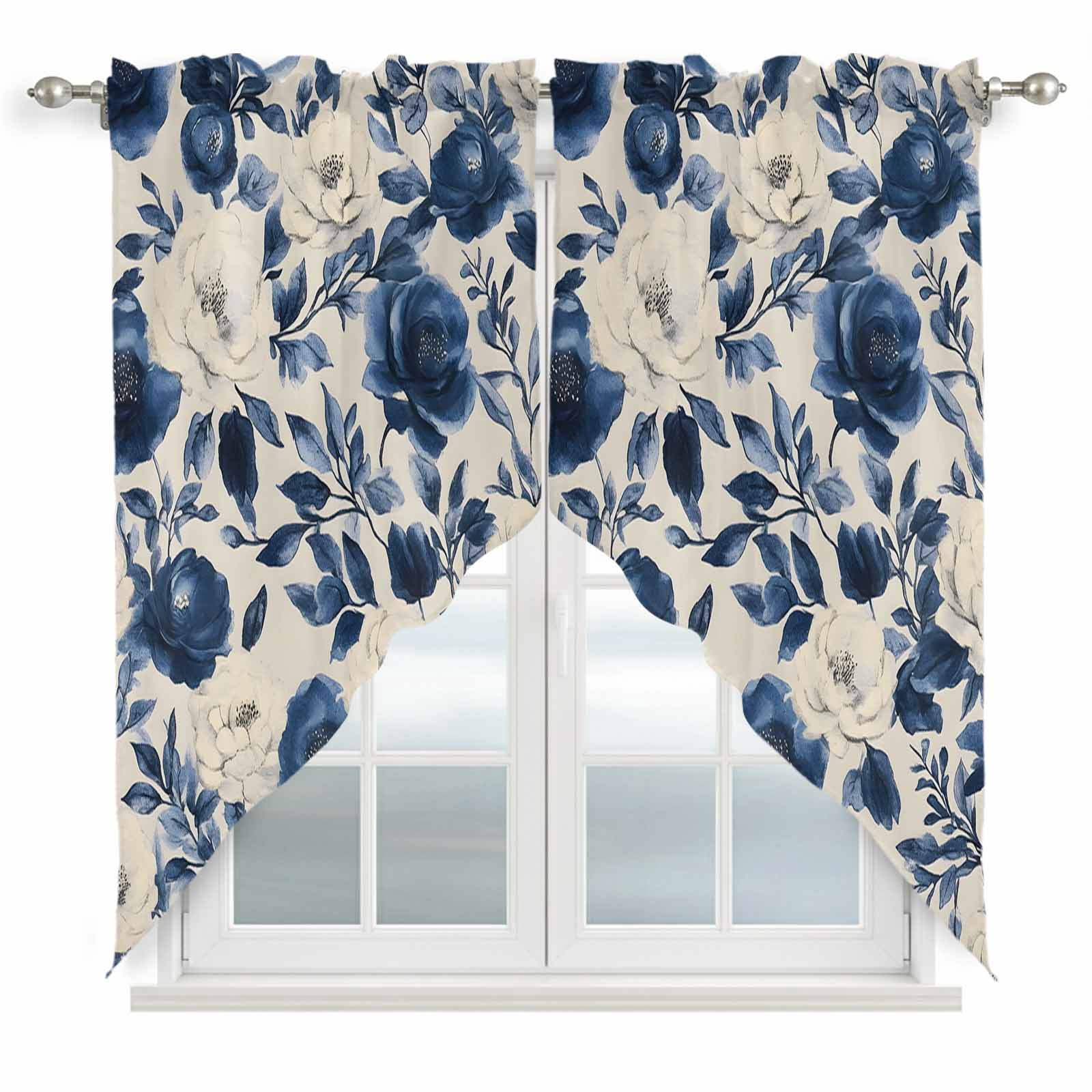 Dark Blue White Floral Swag Curtain Valance for Window 2 Panels Vintage ...