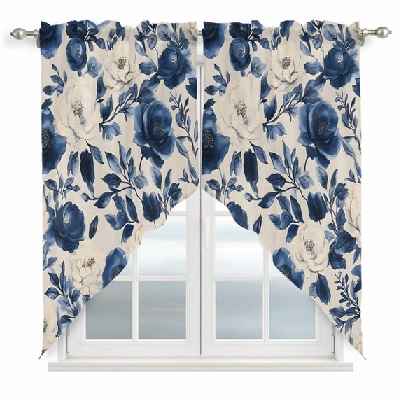 Dark Blue White Floral Swag Curtain Valance for Window 2 Panels Vintage ...