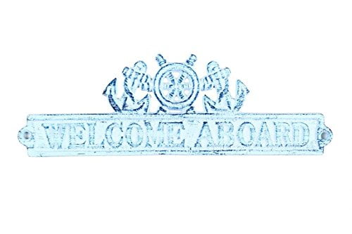 Dark Blue Whitewashed Cast Iron Welcome Aboard Sign with Ship Wheel and ...