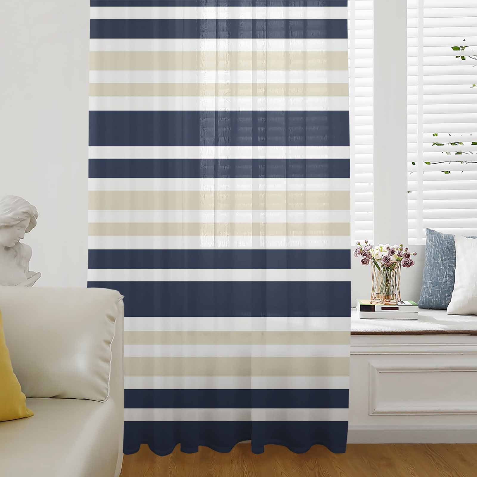 Dark Blue Window Curtain 63 Inches Long,Khaki White Horizontal Stripe ...