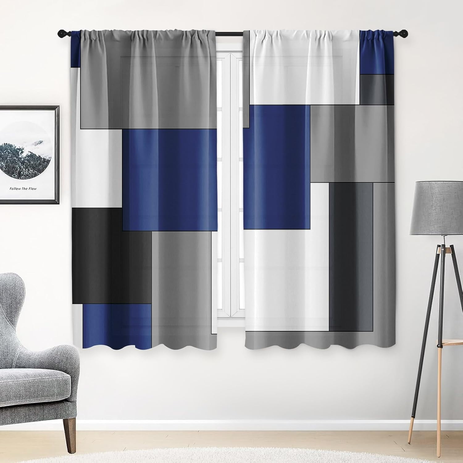 Dark Blue Window Curtains 63 Inch Length Geometric Window Curtains Over ...