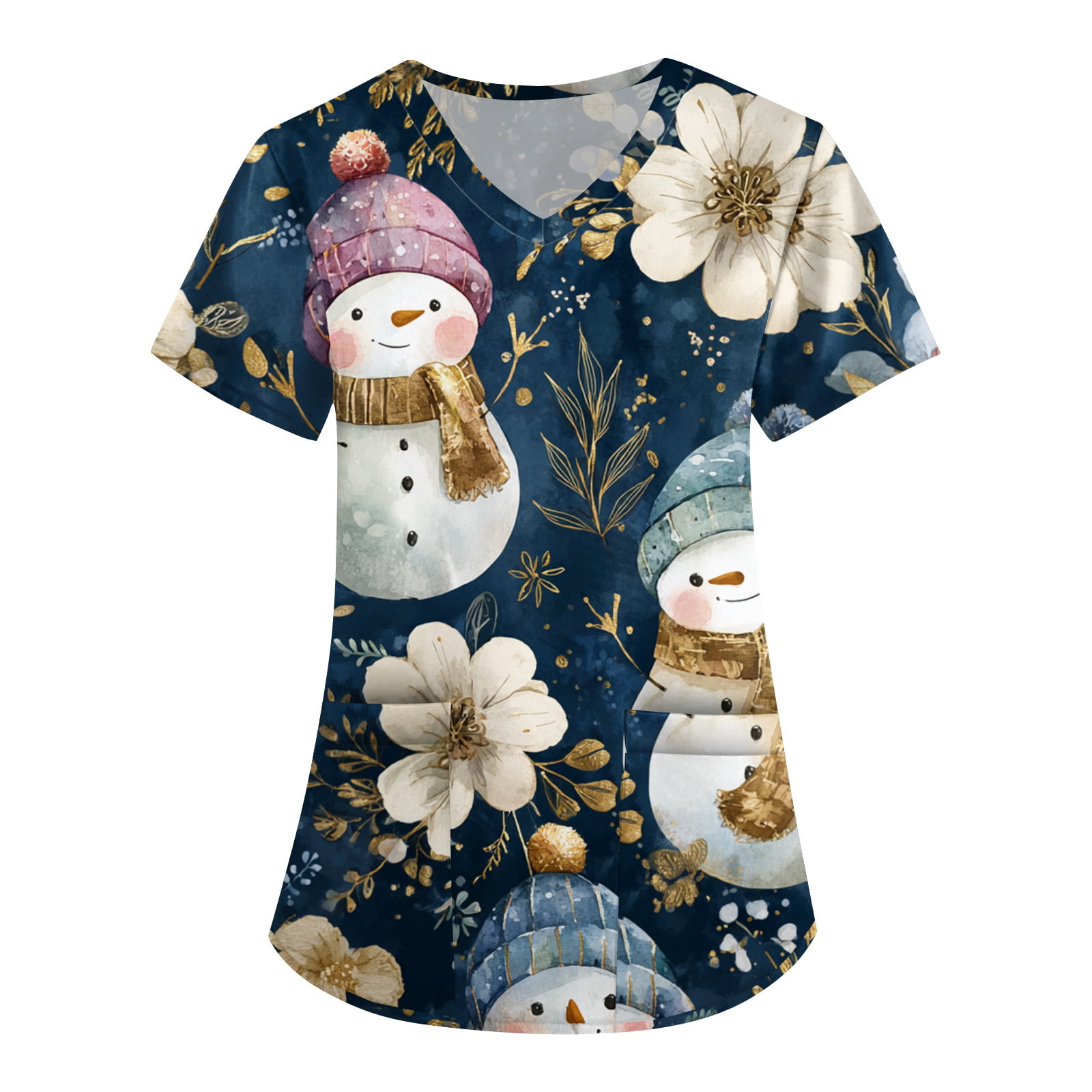 Dark Blue Women'S Christmas Motif Colourful Care Tunic Short Sleeve V ...