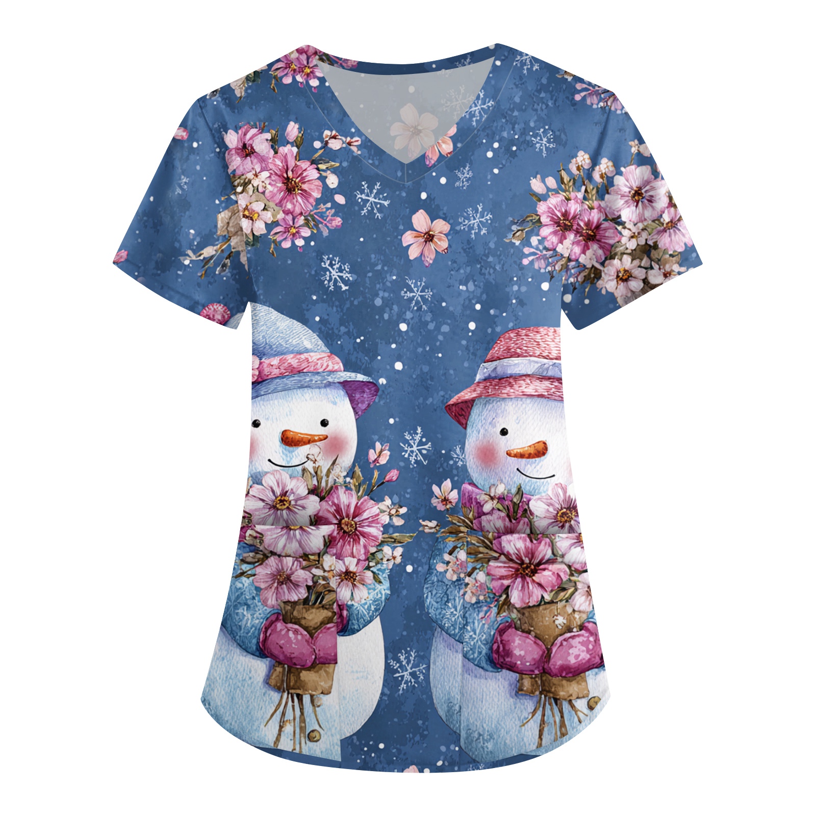 Dark Blue Women'S Christmas Motif Colourful Care Tunic Short Sleeve V ...