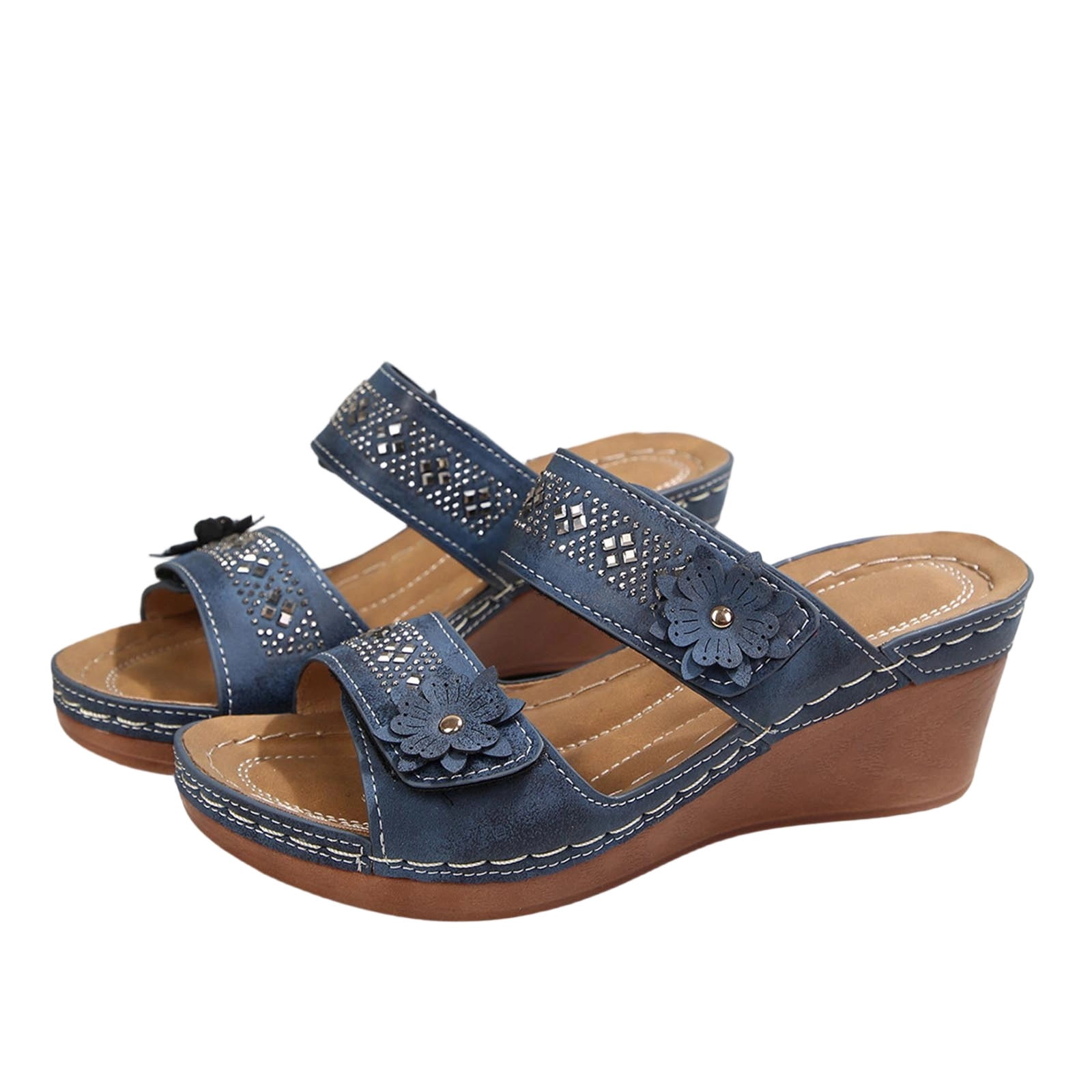 Dark Blue Women Thick Wedge Heel Slippers Open Toe Pu Solid Color ...