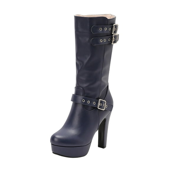 Dark Blue Womens Boots Mid Calf With Buckle Detail And Waterproof ...