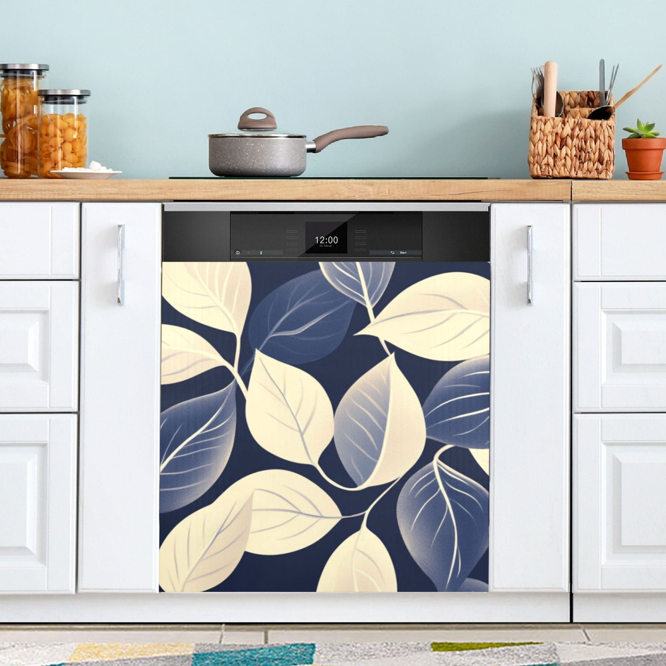 Dark Blue and Beige Leaves Dishwasher Magnet Refrigerator Magnetic ...
