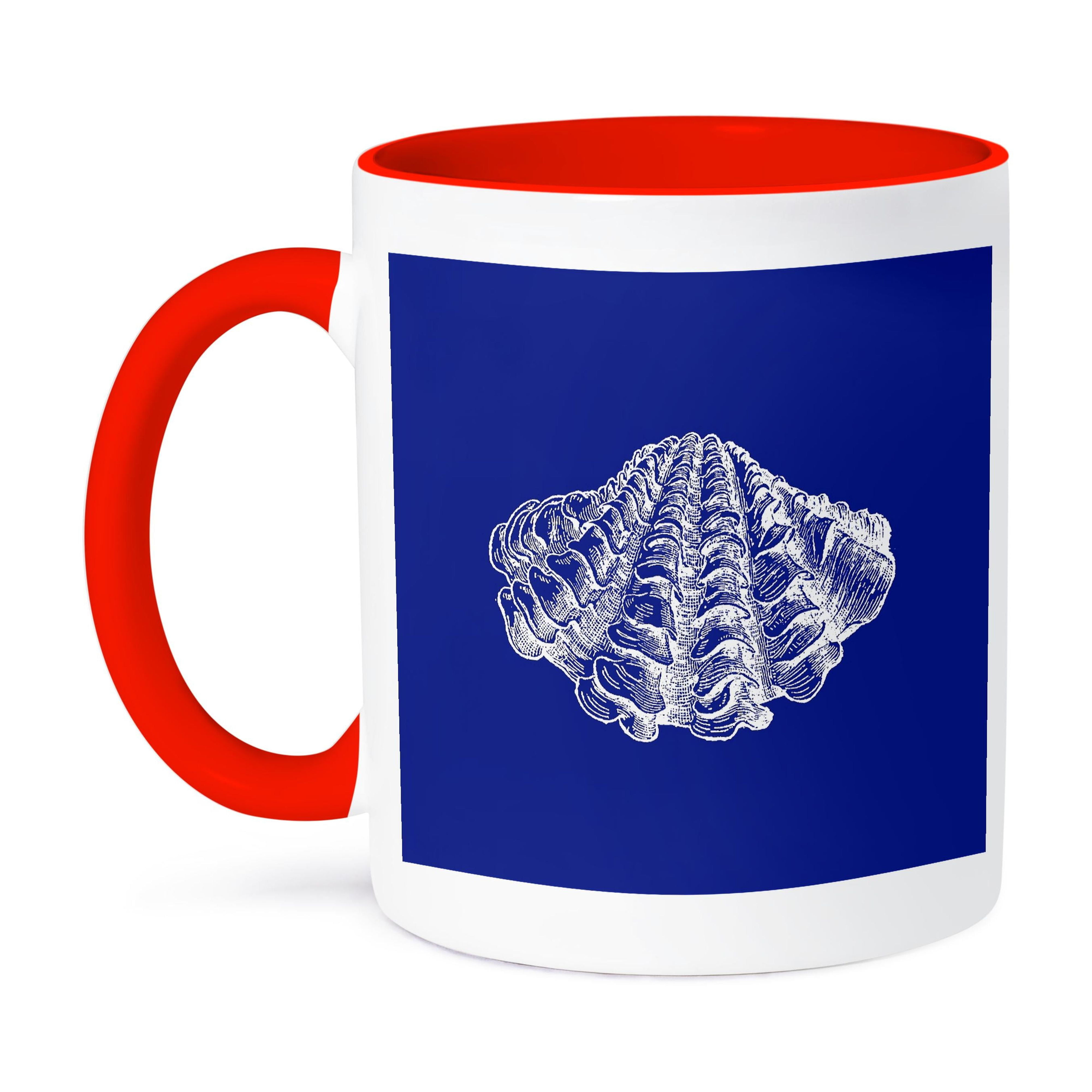 3dRose, Dark Blue seashell etching print. Modern Sea shell clam beach ocean, 15oz Two-Tone Red ...