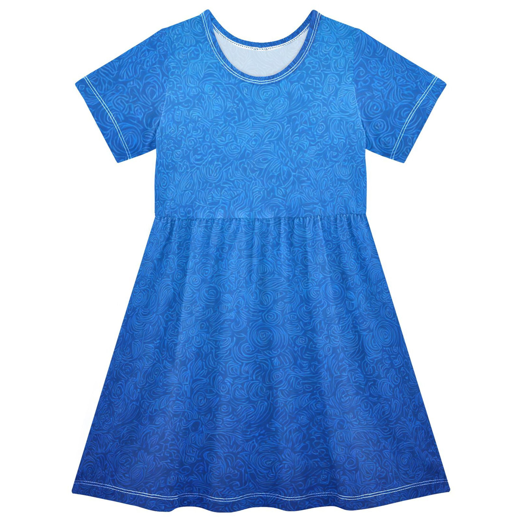 Dark Blue with Flower Pattern Girls' Short Sleeve Dress A-Line One ...