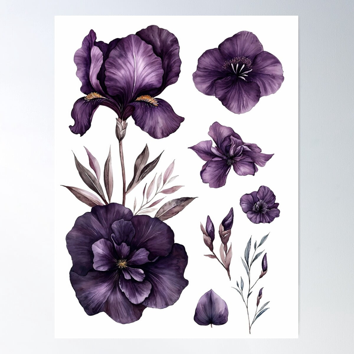 Dark Botanical Art With Purple Flowers And Leaves. Hand-Painted Floral ...