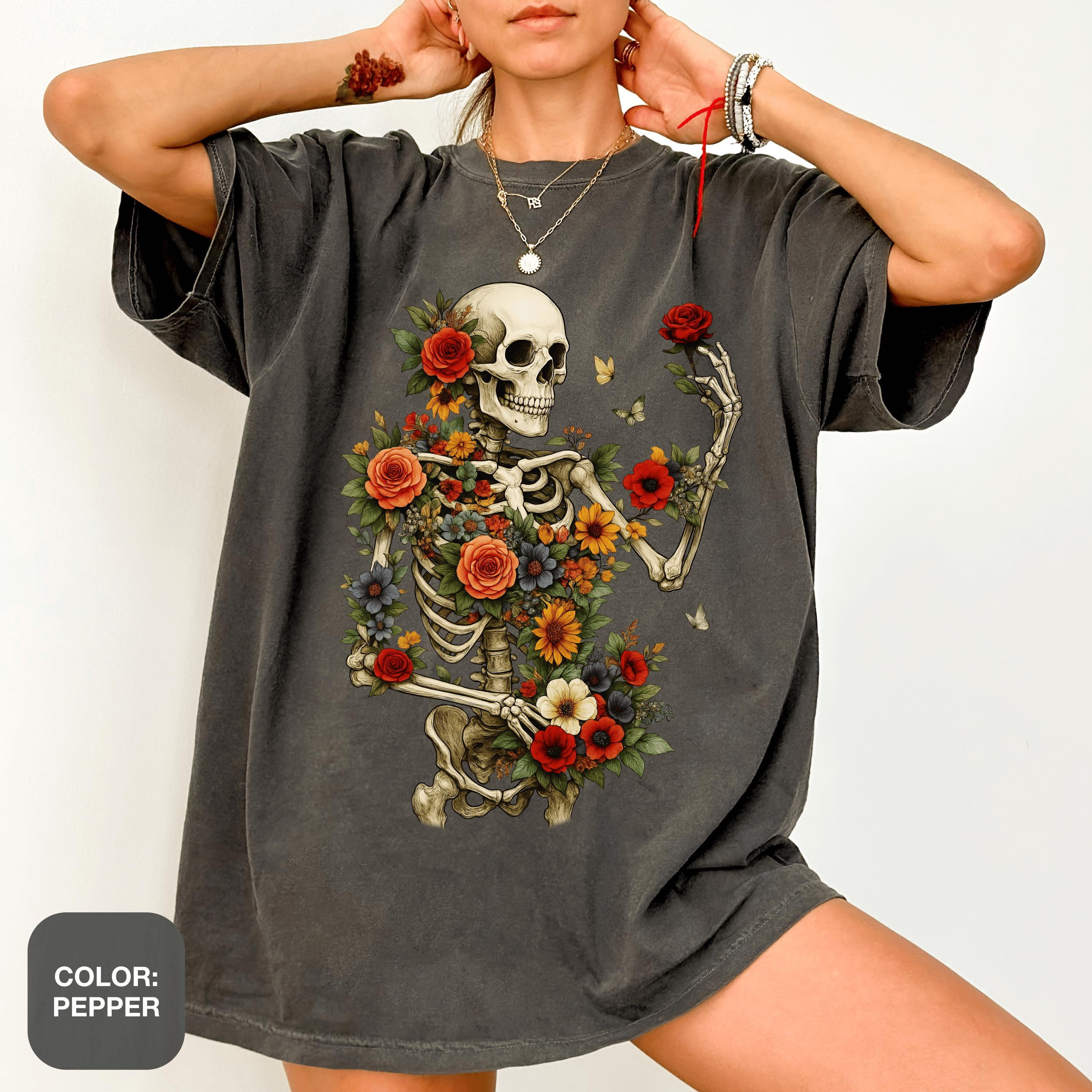 Dark Botanical Skeleton Shirt Gothic Cottagecore Tee Floral Skull ...