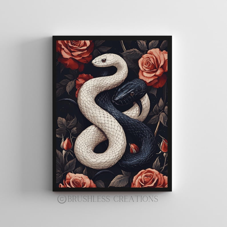 Dark Botanical Snake Print, Black & White, Gothic Nature Wall Decor ...