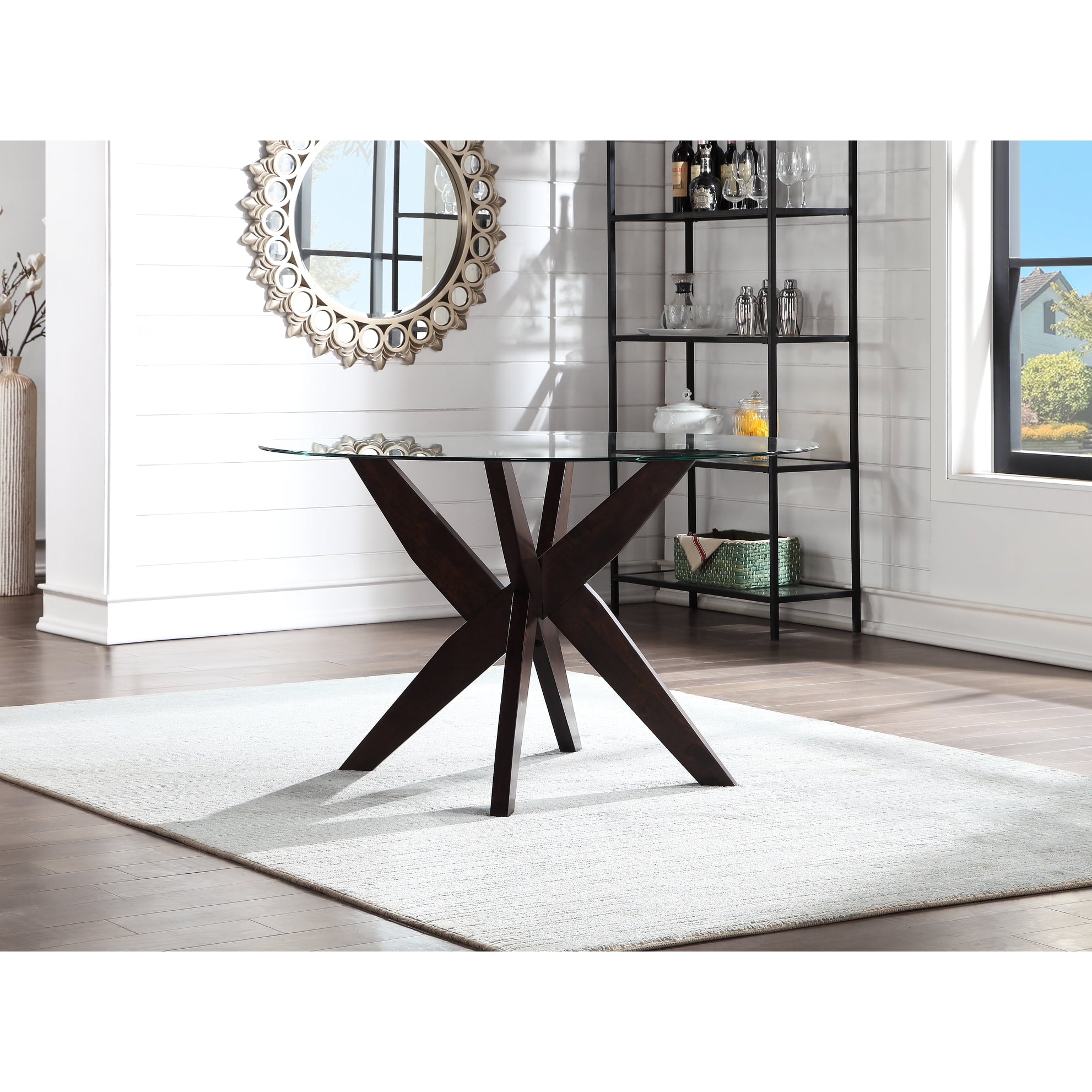 Dark Brown 48-inch Round Dining Table, Tempered Glass Top, Strong Solid ...