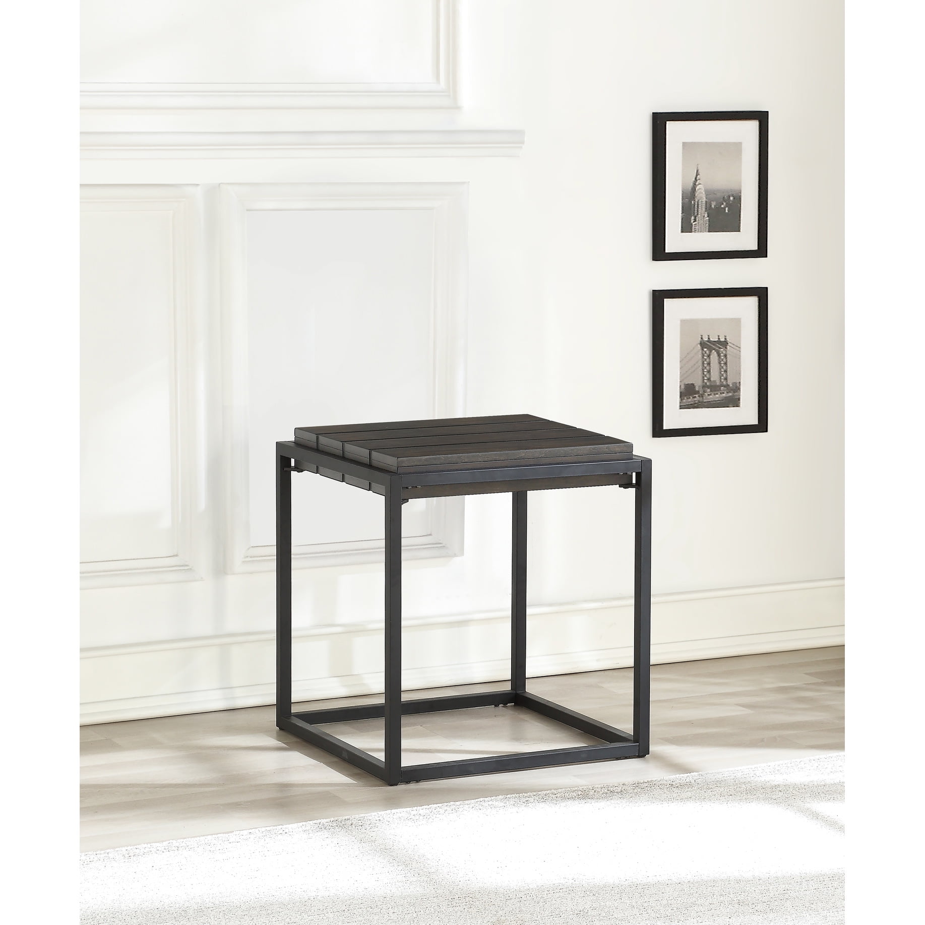 Dark Brown 48-inch Square End Table. Veneers, Iron Base. Plank-effect ...