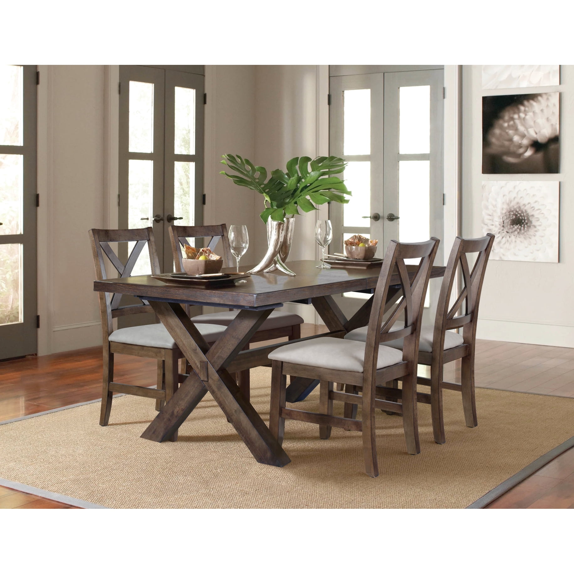 Dark Brown 5 Piece Dining Configuration - Wood Construction Timber Beam ...
