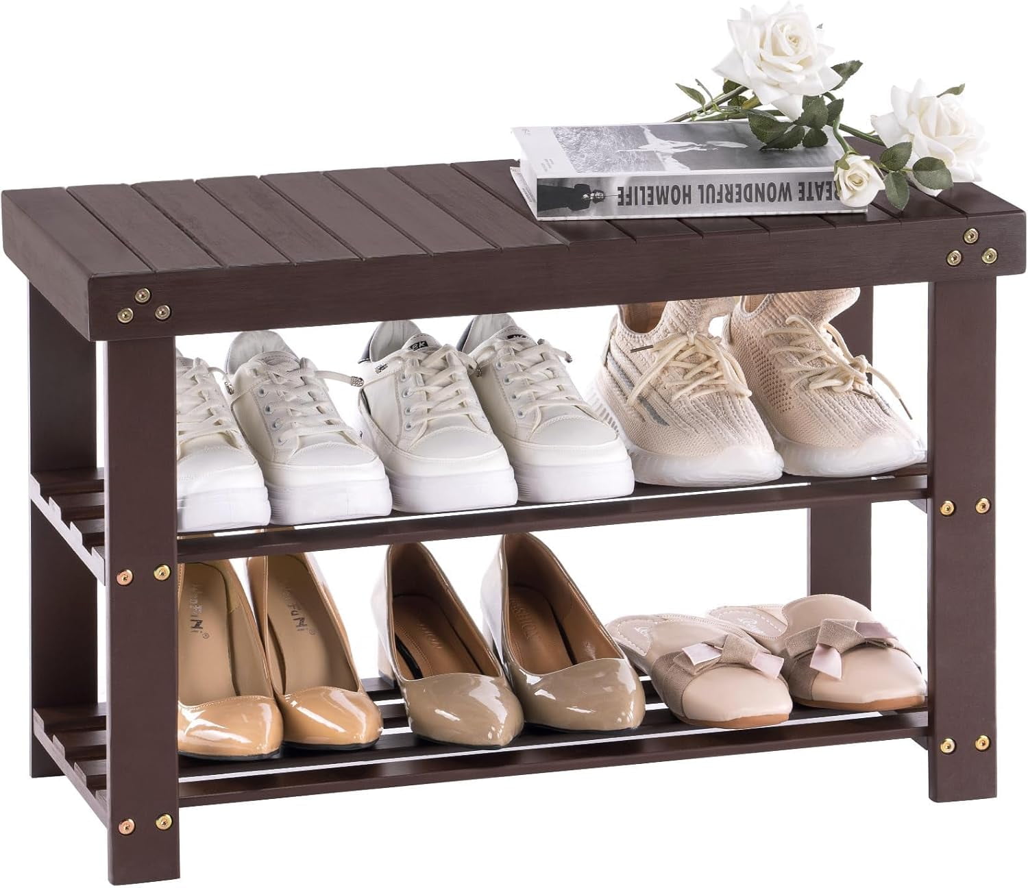 Dark Brown Bamboo Shoe Rack for Entryway, 3-Tier Shoe Organizer Bench ...