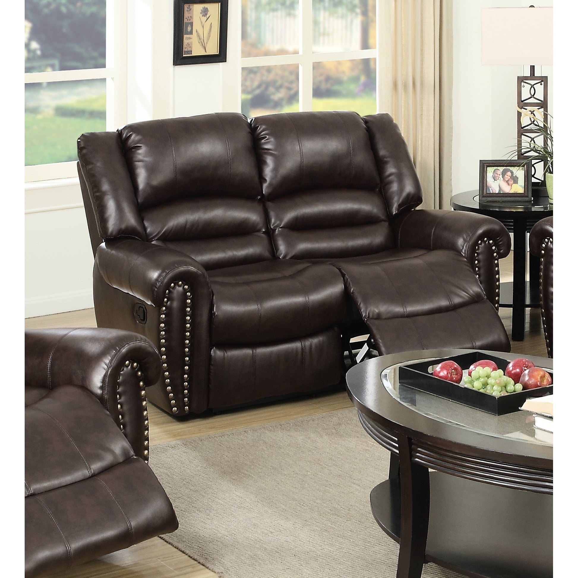 Dark Brown Bonded Leather Motion Recliner With 2 Seats And Cushions ...