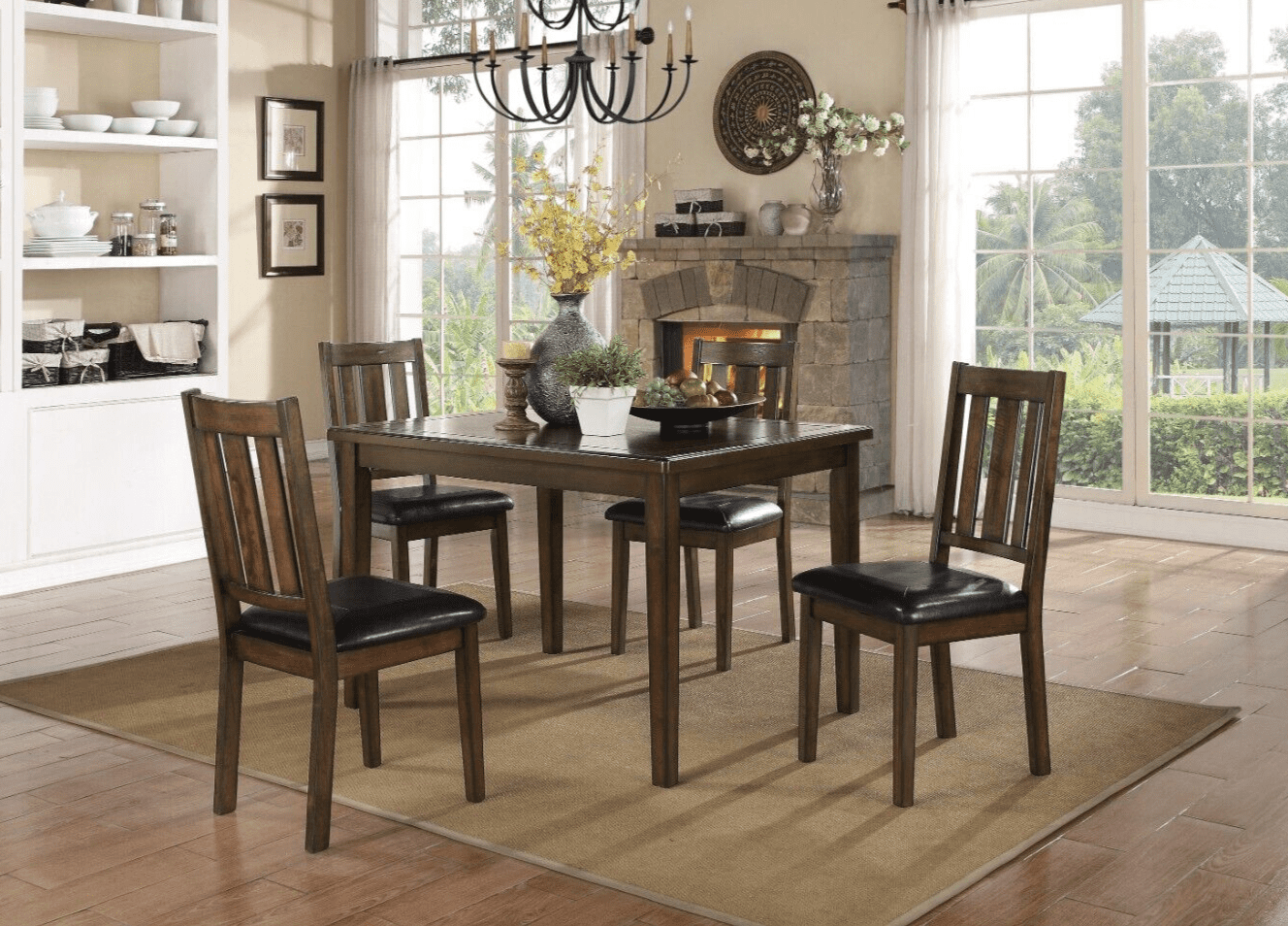 Dark Brown Cherry Finish 5pc Dinette Set Table and 4 Side Chairs Wooden Kitchen Room Dining Set ...