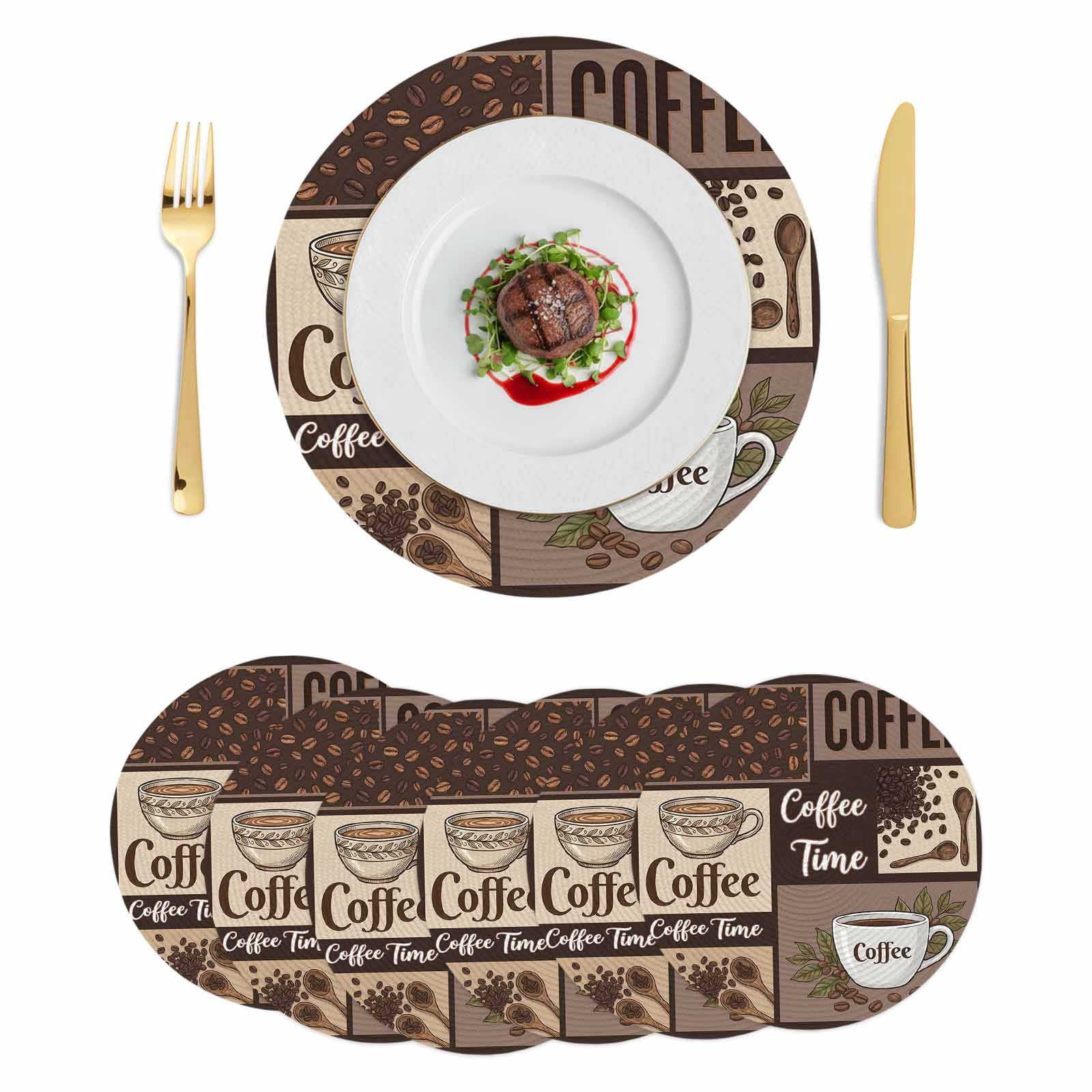 Dark Brown Coffee Time Round Placemats Set of 6 Vintige Farmhouse ...
