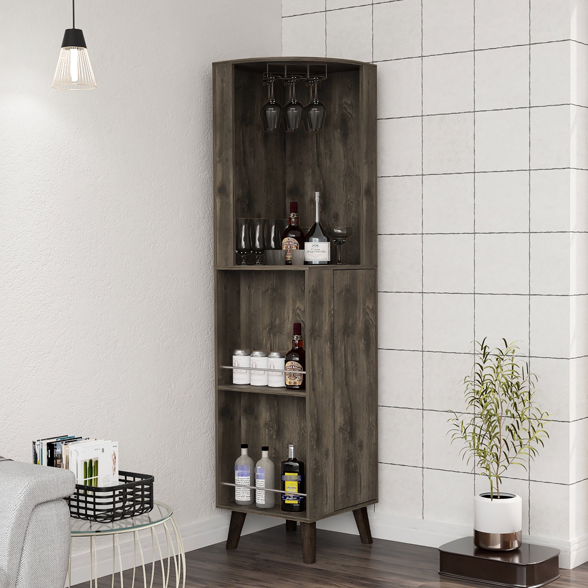 Dark Brown Corner Bar Cabinet. Has Cup Rack And Two Outer Shelves. One ...