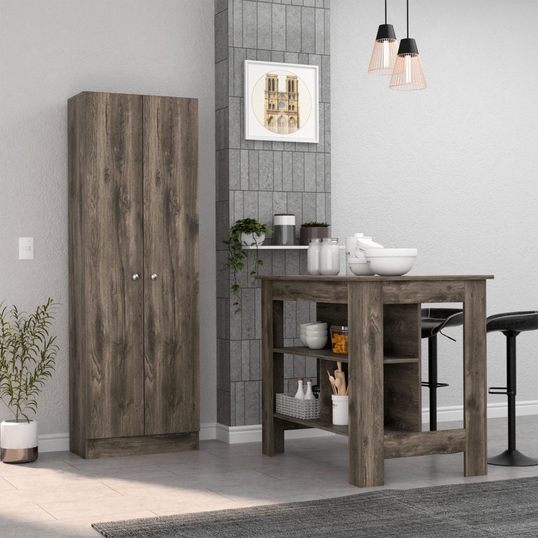 Dark Brown Finish Kitchen Island + Elegant Metal Handles Pantry ...