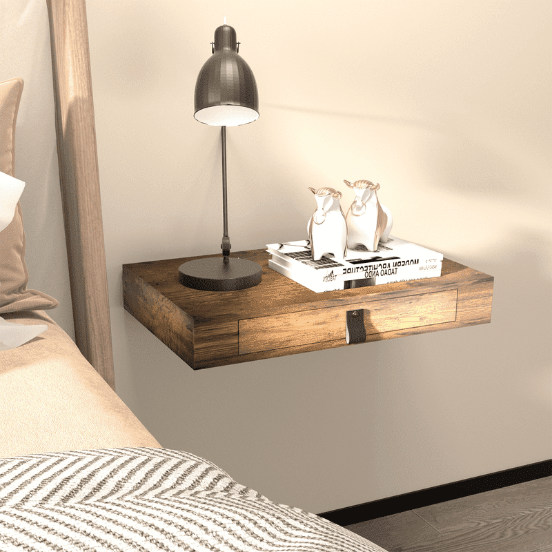 Dark Brown Floating Nightstand with Hidden Drawer - 16" Wall-Mounted ...