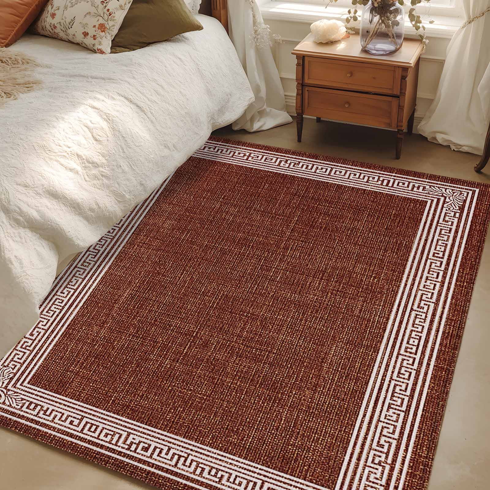 Dark Brown Geometric 2.7x5 Area Rugs, White Greek Key Design Burlap ...