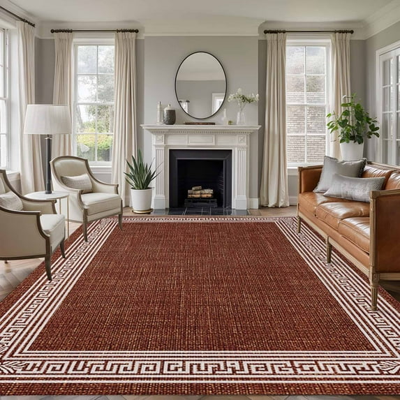 Dark Brown Geometric 5x8 Area Rugs, White Greek Key Design Burlap ...