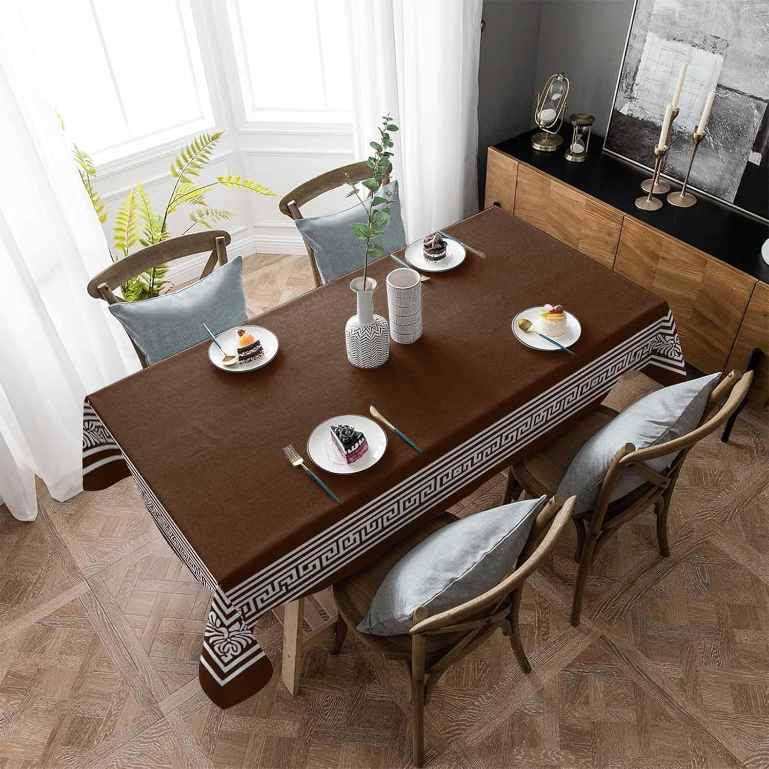 Dark Brown Geometric Table cloth Waterproof Tablecloths, White Greek ...