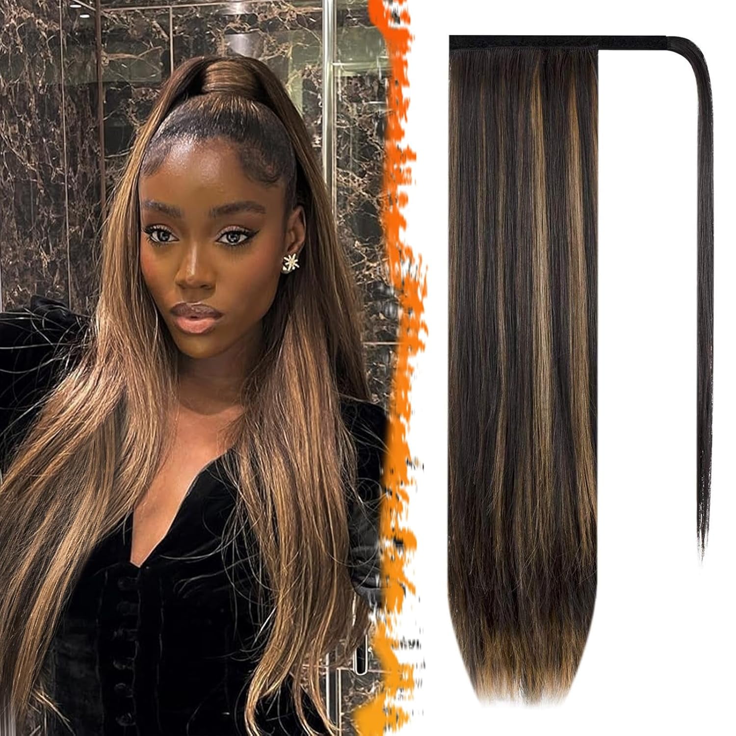 Dark Brown Highlight Straight Ponytail Extension - 20 Inch Long ...