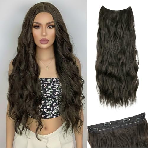 Dark Brown Invisible Wire Hair Extensions Long Wavy Synthetic Hairpiece ...