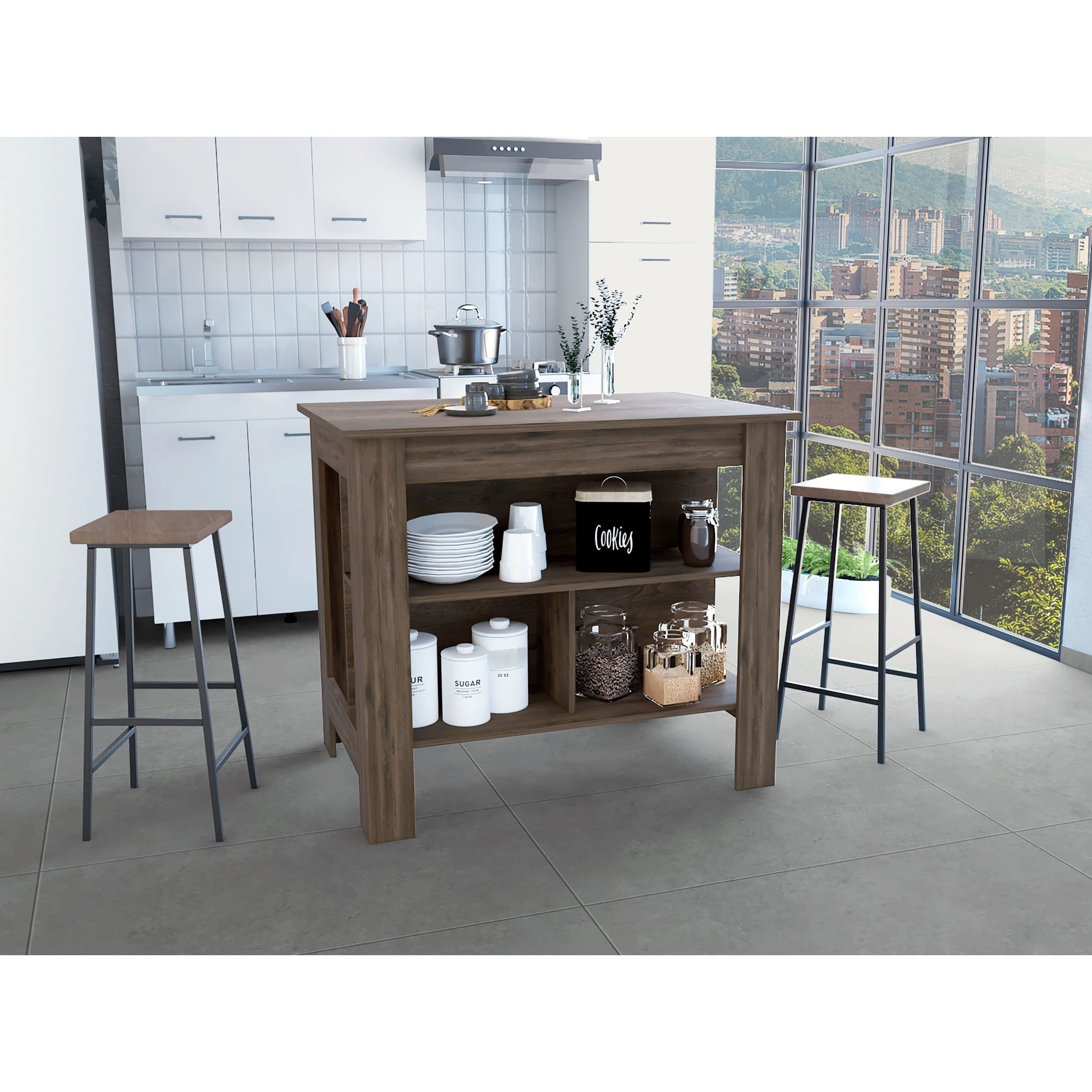 Dark Brown Kitchen Island With 3 Shelves & 4 Legs - Provides Ample Prep ...