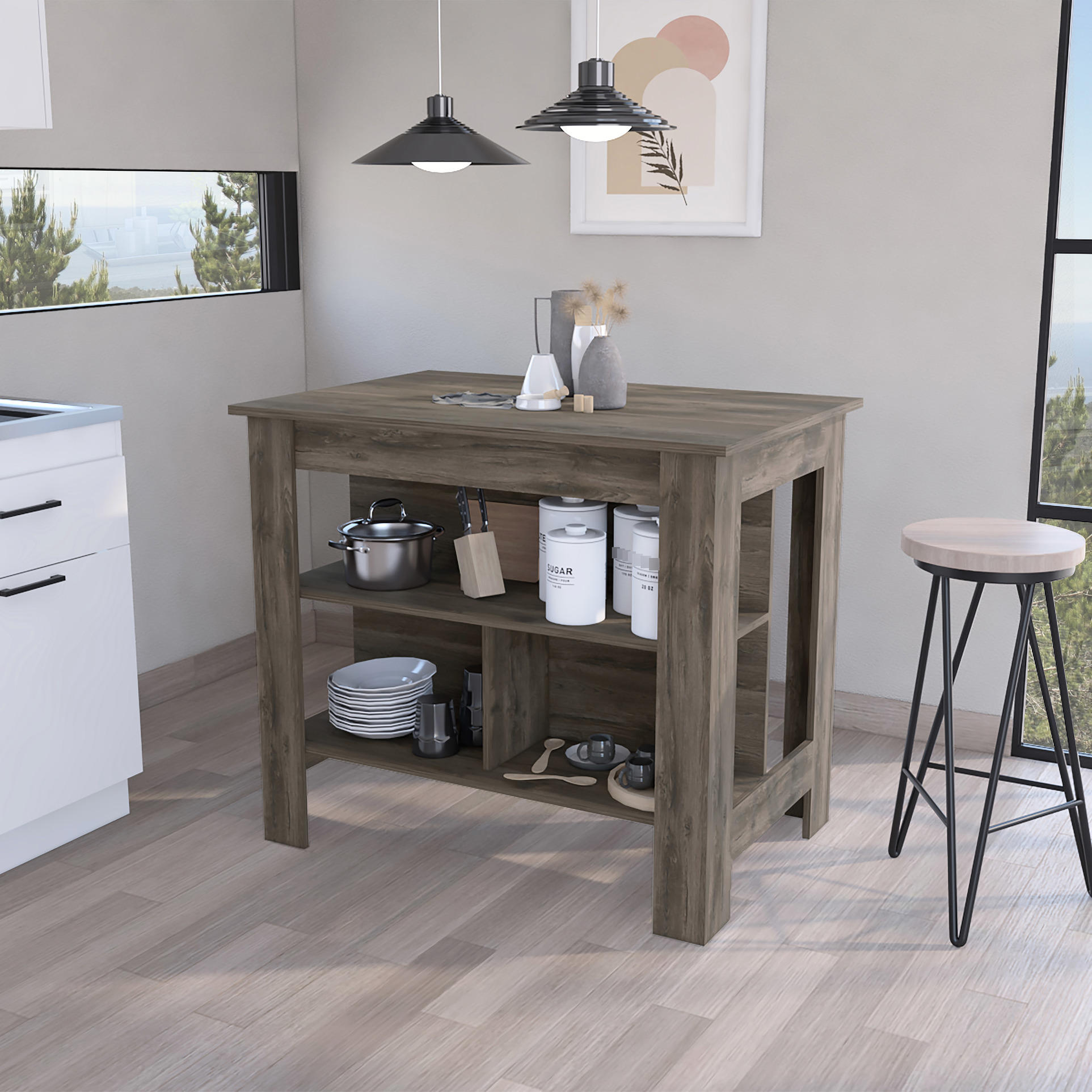 Dark Brown Kitchen Island With Three Shelves - Sufficient Space For ...