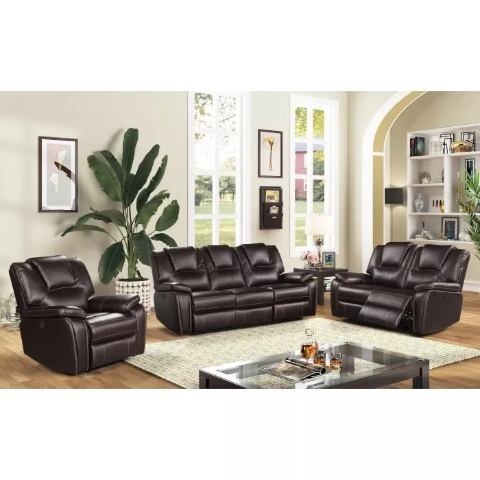 Dark Brown Leather Power Reclining 3PC Sofa Set with USB Port, Modern Living Room Sofa Furniture ...