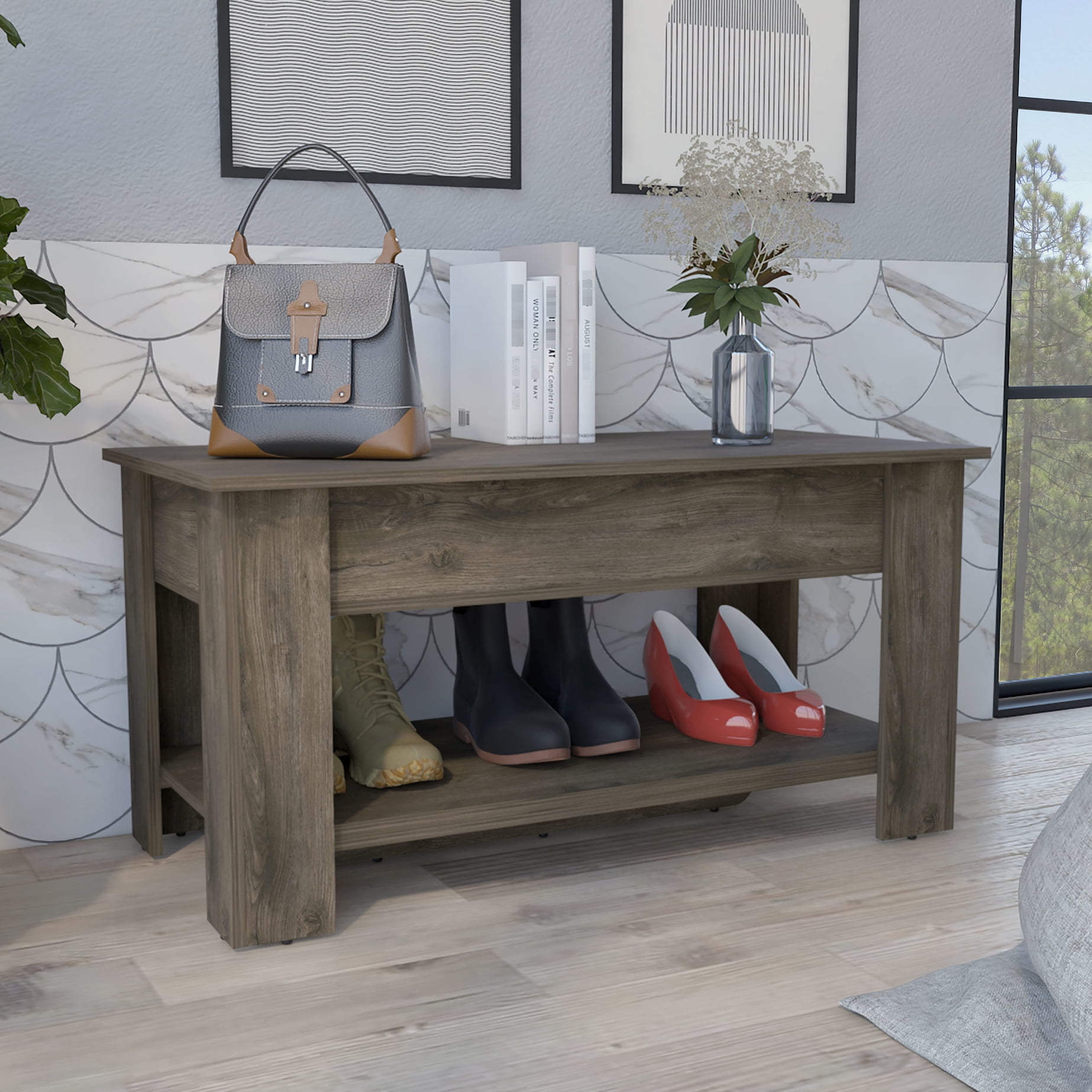 Dark Brown Lift Top Storage Bench For Entryway - Stylish Organization ...