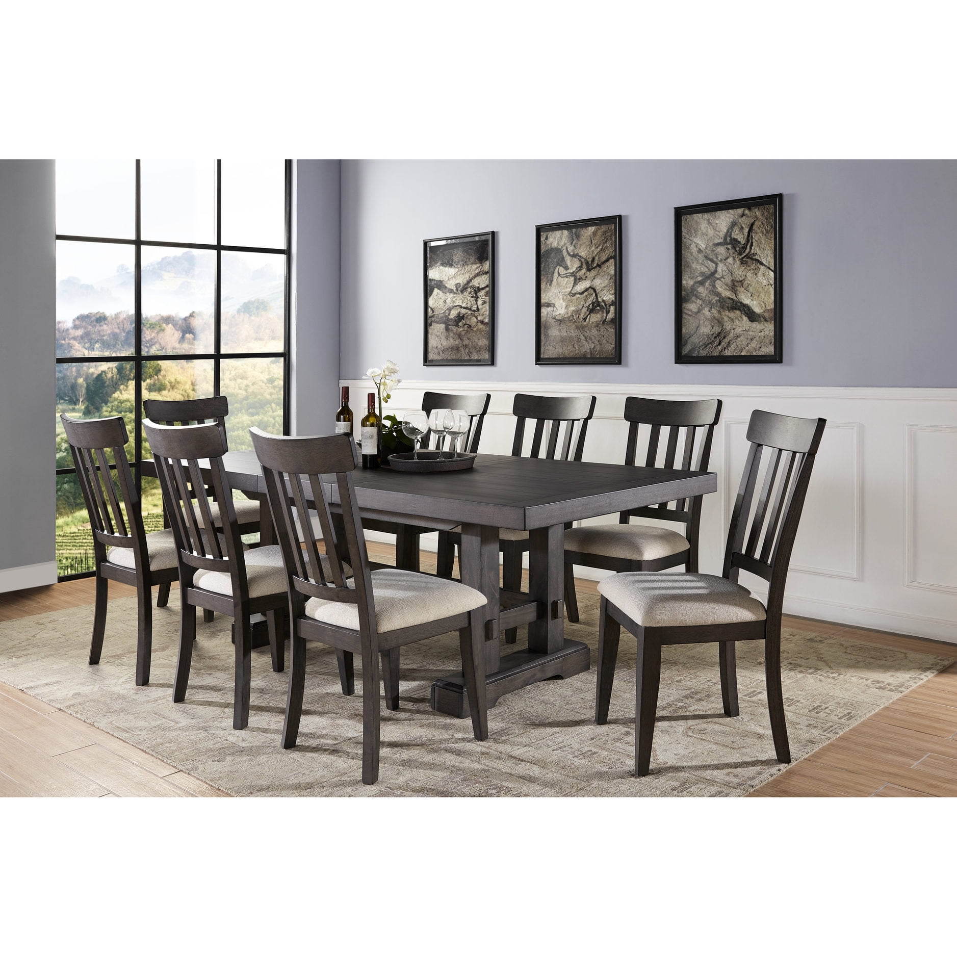 Dark Brown Mango Veneer Dining Set - Stable Table with Double Pedestal ...