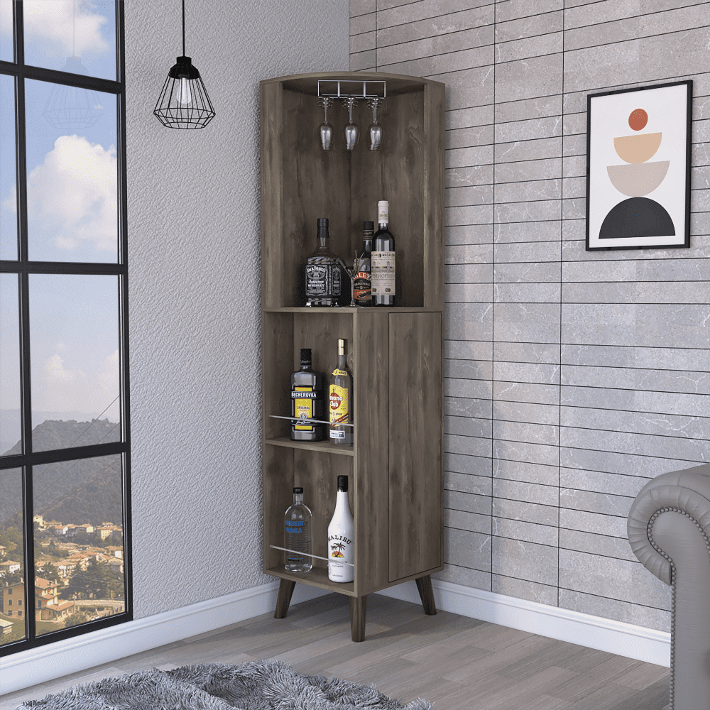 Dark Brown Manufactured Wood Corner Bar Cabinet with 1 Drawer & 5 ...
