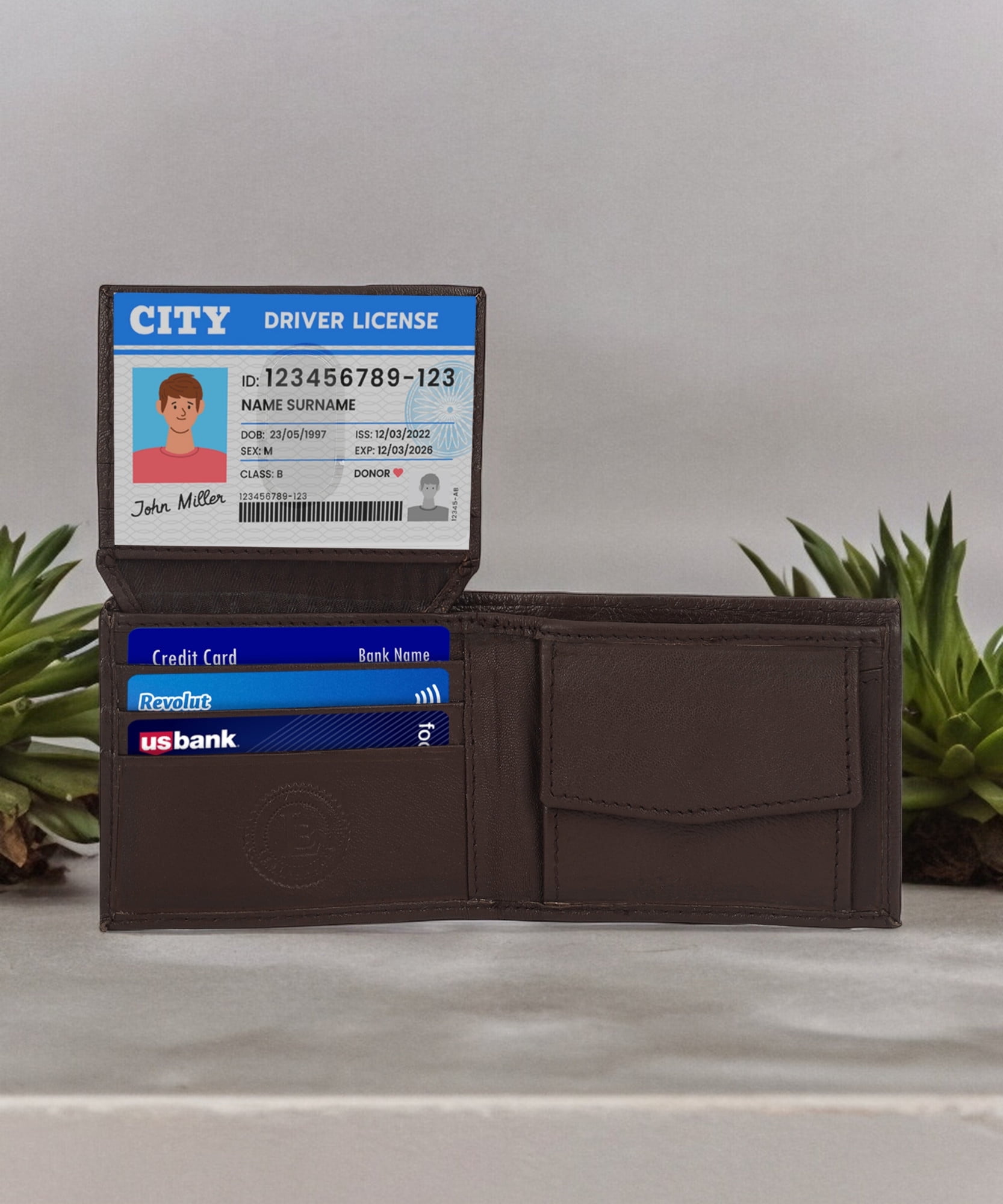 Dark Brown Men's Compact Leather Bifold Wallet with Coin Pocket ...