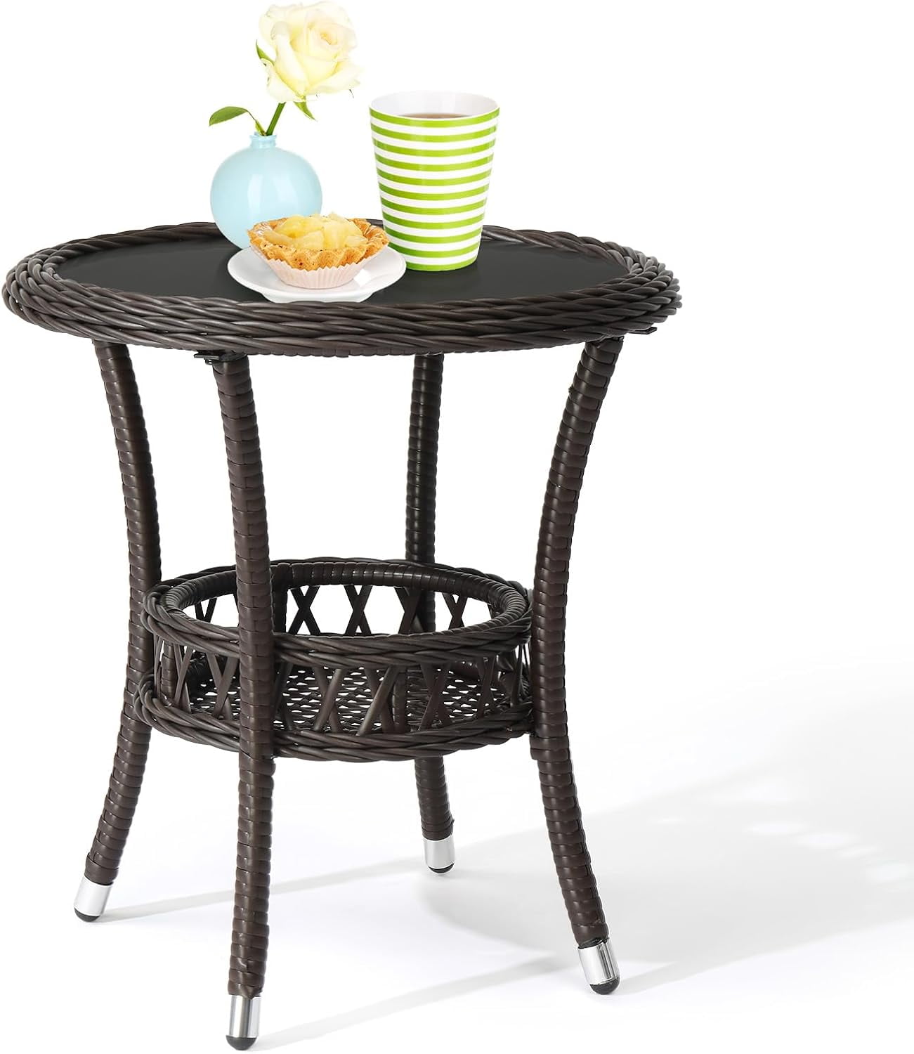 Dark Brown Outdoor Wicker Side Table with Tempered Glass Top - Patio ...