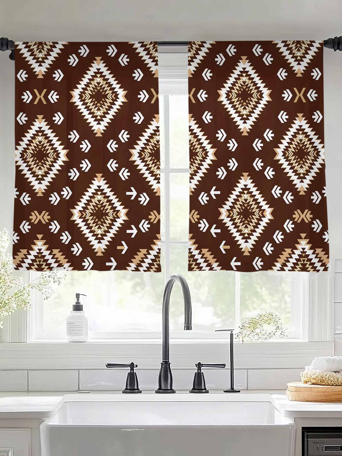 Dark Brown Rectangle Sheer Curtains 54 inches Long, Tribal Retro ...