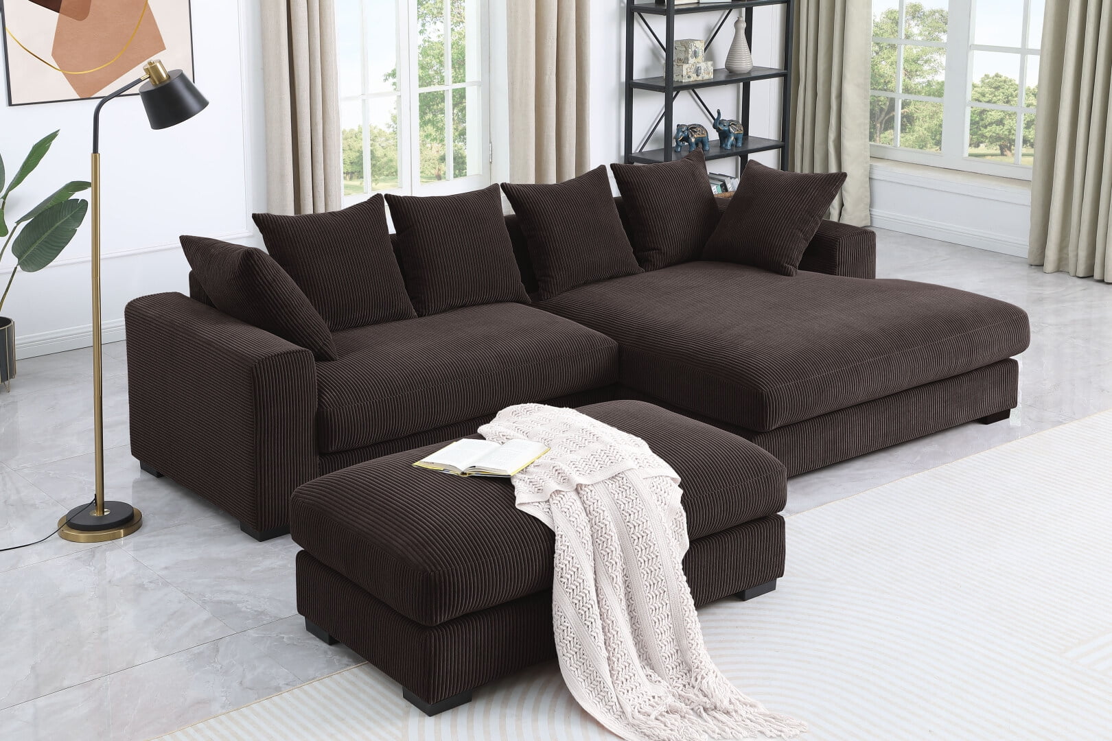 Dark Brown Sectional Couch with Movable Ottoman, Convertible L-shaped ...