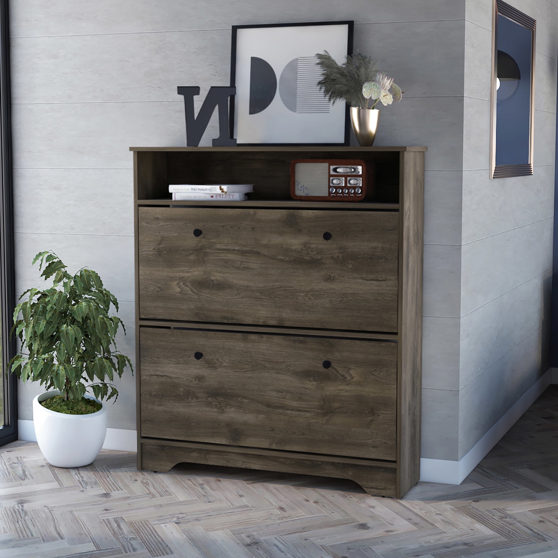 Dark Brown Shoe Cabinet , Two Extensible Shelf Units, One Open Shelf ...