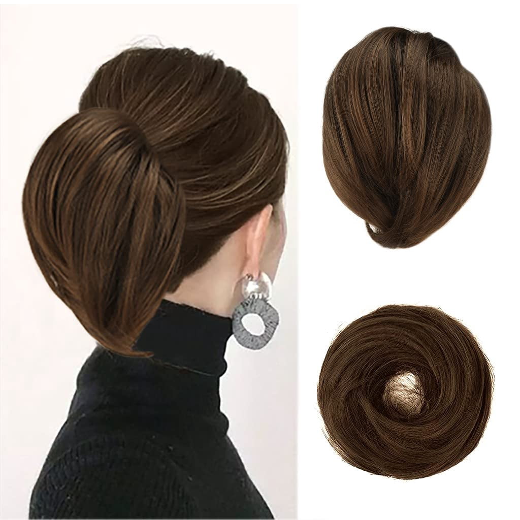 Dark Brown Straight Hair Bun Extensions Synthetic Short Ponytail Messy ...