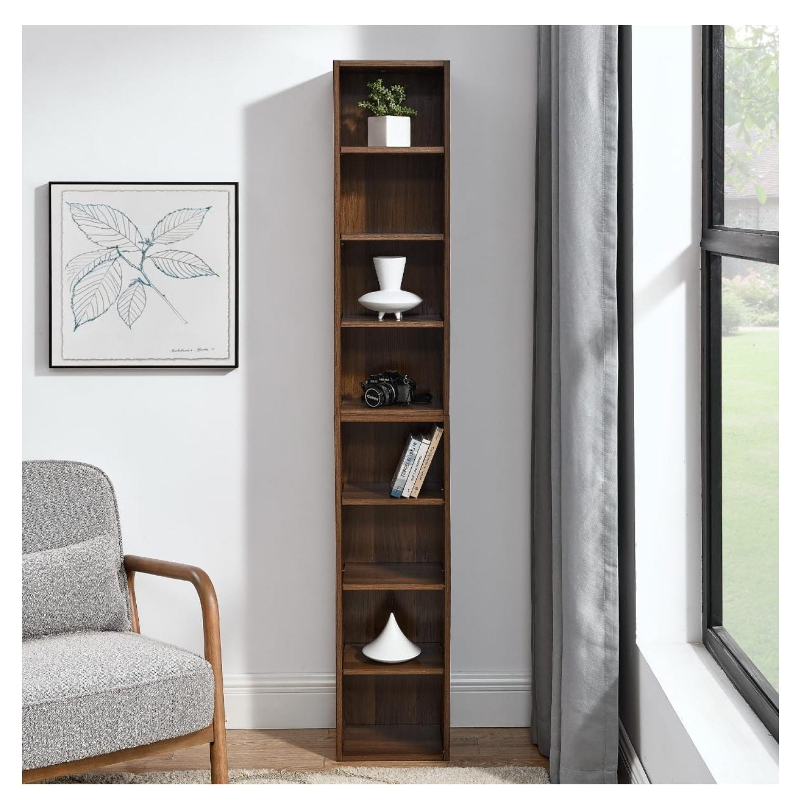 Dark Brown Tall Narrow Bookshelf,8-Tiers Bookcase with Adjustable ...