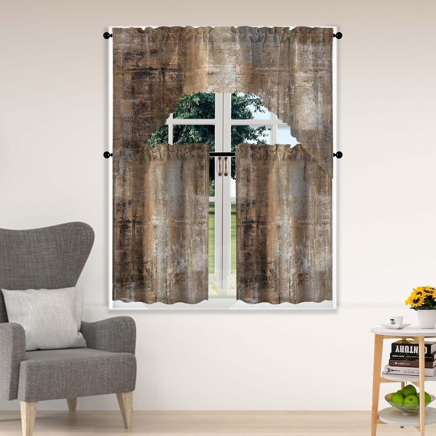 Dark Brown Tier and Swag Window Curtain Set, 3Pcs Kitchen Curtain ...