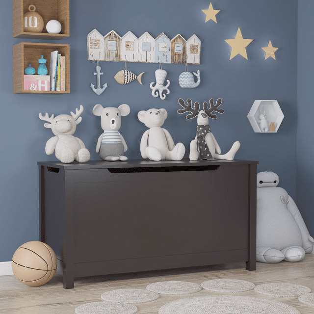 Large Solid Wood Toy Chest, Dark Brown Storage Bench Seat with Safety ...