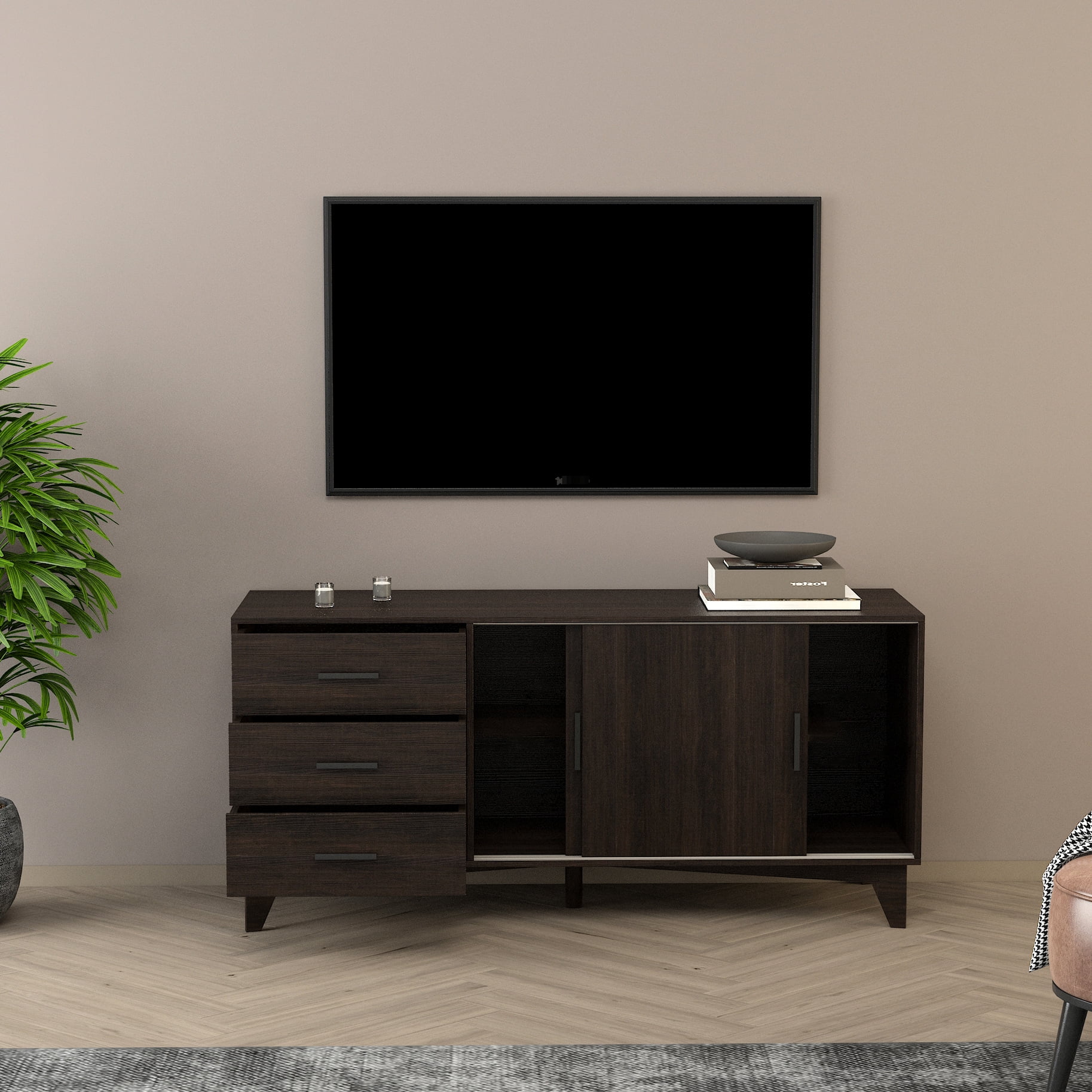 Dark Brown Tv Stand With Sliding Construction - Water Heat Resistance ...
