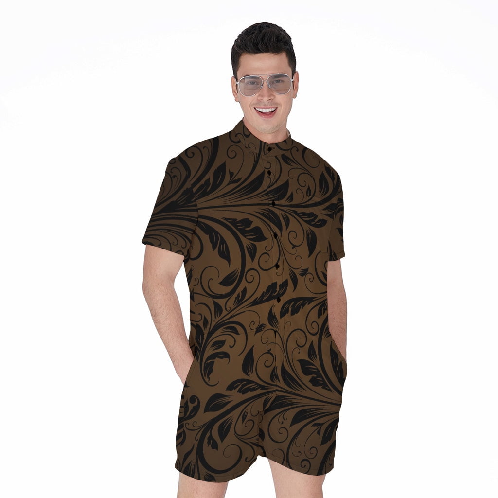 Dark Brown Western Damask Short Sleeve Men'S Rompers Casual Summer ...