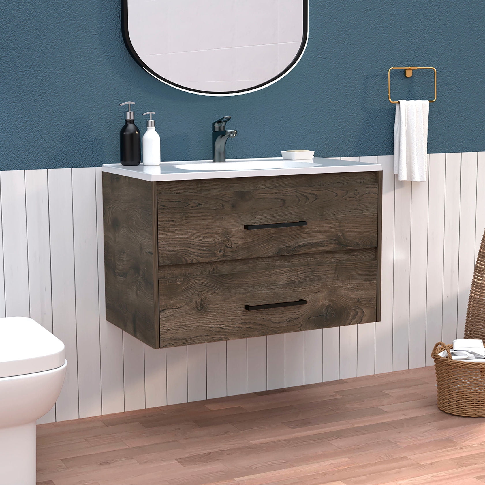 Dark Brown/White Floating Bathroom Vanity | With 2 Drawer Organizers ...