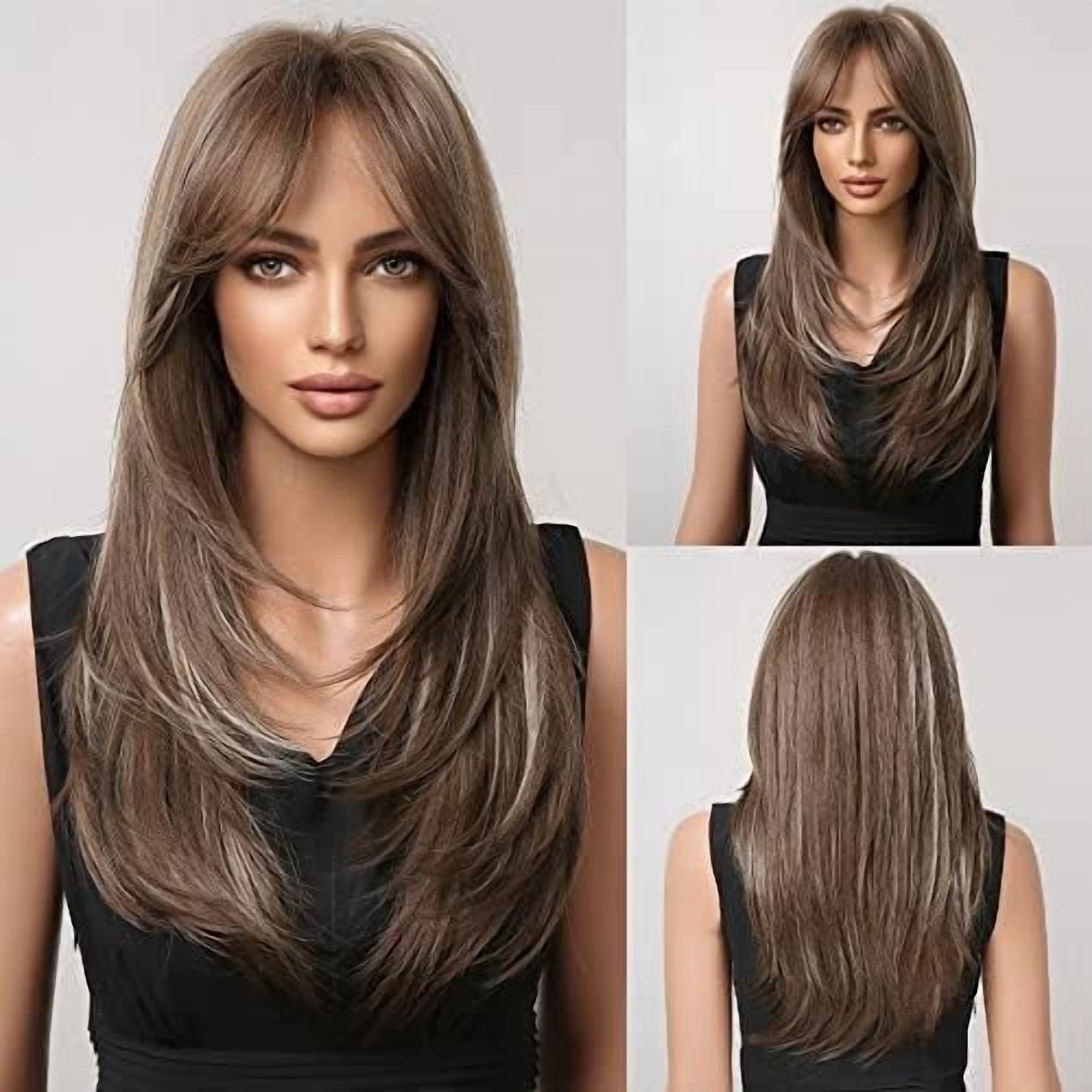 Dark Brown Wigs for Women,Long Layered Brown with Highlight Wigs with ...