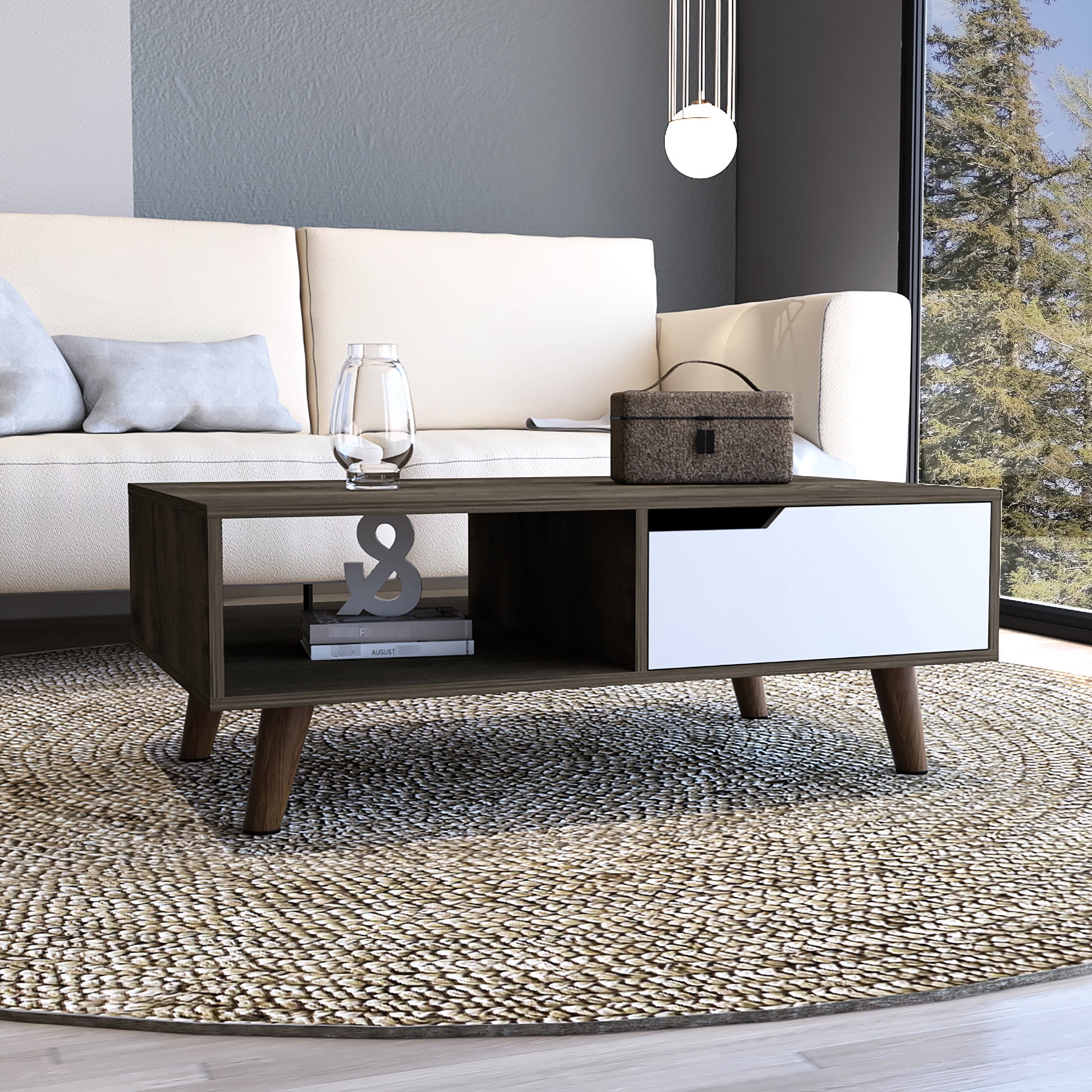 Dark Brown/white Coffee Table, One Open Shelf, Drawer, Superior Top ...